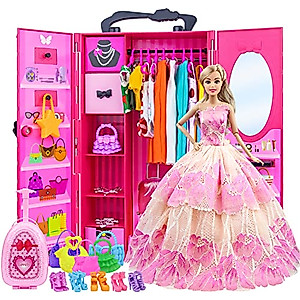 ZITA ELEMENT 11.5 Inch Girl Doll Closet Wardrobe with Clothes and Accessories Set 101 Pcs Including Wardrobe Suitcase Clothes Dresses Swimsuits Shoes Hangers Necklace Bags and Other Stuff