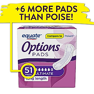 Equate Options Incontinence Pads for Women, Ultimate Absorbency, Long Length, 51 Ct (Pack of 3 | Total of 153 Ct)