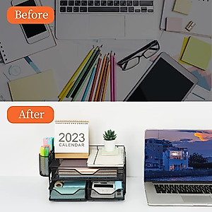 Youbetia Black Minimalist Desk Organizer with 3 Drawer, 2 Pen Holder, 2 Tier Letter Tray, Upper Display Rack, for Office Supplies