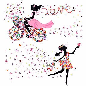 2 Sheets Flower Butterfly Girls Wall Decals for Bedroom Flower Fairy Wall Sticker and Murals Decorative Girl on Bicycle Girls Room Wall Stickers for Girls Kids Bedroom Birthday Party Favor