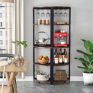 Tribesigns Corner Shelf with Glass Holder, 5 Tier Corner Bookshelf Small Bookcase Wine Bar Cabinet with Storage Display Rack for Living Room, Kitchen, Dining Room, Rustic Brown