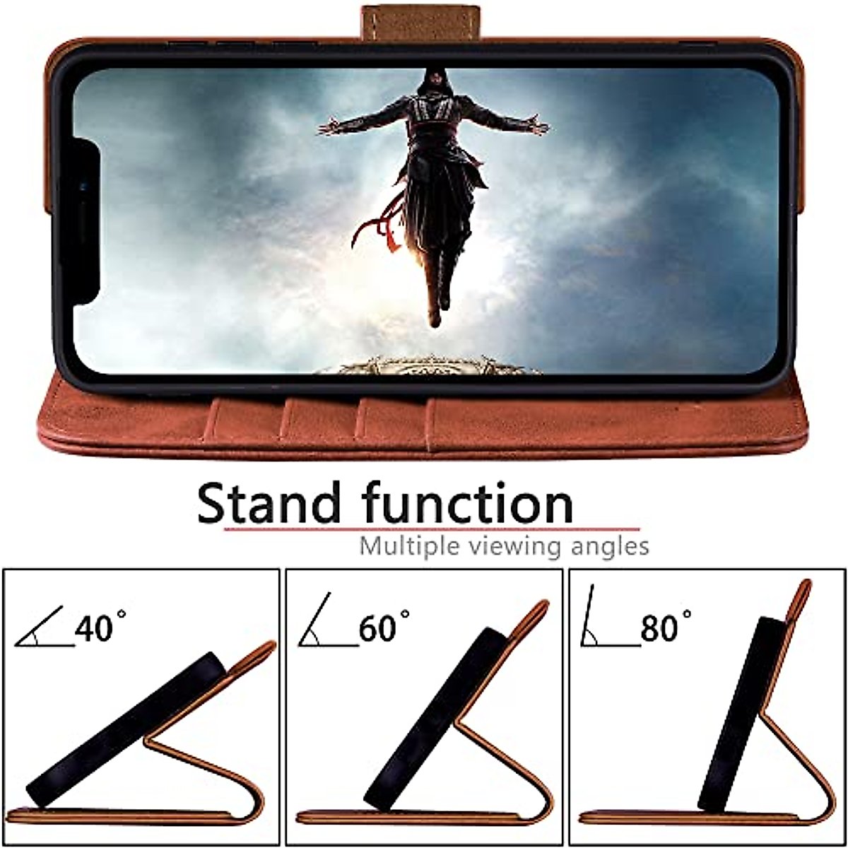 DuckSky for iPhone 13 6.1" Genuine Leather Wallet case 【RFID Blocking】【4 Credit Card Holder】【Real Leather】 Flip Folio Book Phone case Protective Cover Women Men for Apple 13 case Light Brown