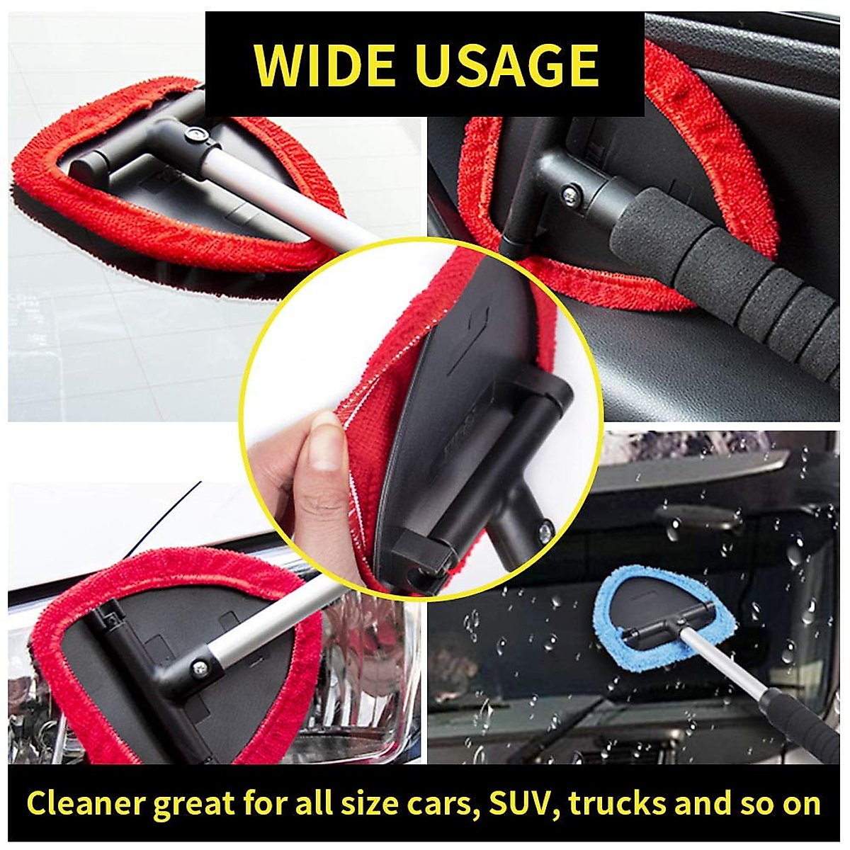 AutoEC Auto Car Windshield Cleaner, Extendable Handle Window Cleaner Brush Kit Comes with 4 Packs Washable and Reusable Pads（2 Wet Use 2 Dry Use）