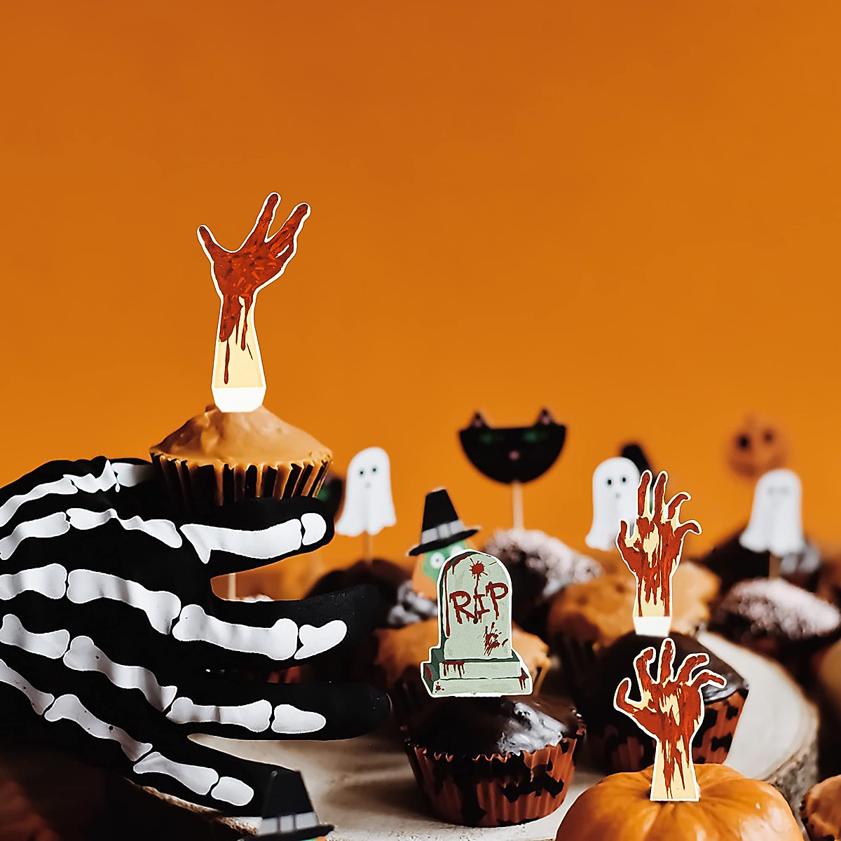 72PCS Halloween Cupcake Toppers Supplies 36 PCS Zombie Hand Tombstone Cupcake Toppers And 36 PCS Horror Red Handprint Cupcake Wrapper For Halloween Party Zombie Theme Party