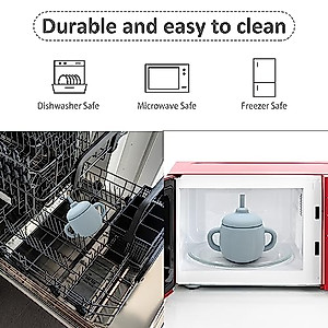 Santi & Me 2-1 Silicone Straw Cup for Baby, Spill-proof Sippy Cup for Babies 6-12-18 Month, Open Training Water Cups with Easy-Hold Handle, Baby Led Weaning Cups - BPA Free - 8.8oz (Dusty blue)