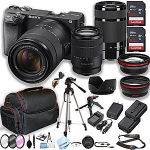 Sony a6400 Mirrorless Camera with18-135mm & 55-210mm Zoom Lenses + 2pcs 64GB Memory + Case+ Tripod + Steady Grip Pod + Filters + Macro + 2X Lens + 2X Batteries + More (38pc Bundle)