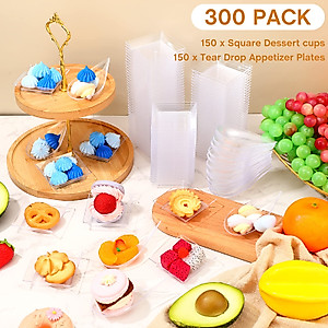 Rozer Mini Appetizer Plates and Tear Drop Spoons for Weddings Party 2.5 x 2.5 Inches 4 x 2 x 0.5 Inches Plastic Mini Dessert Plates Disposable Appetizer Spoons (300 Pieces)