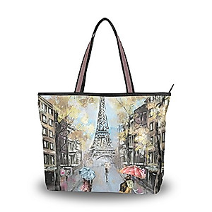 U LIFE Oil Painting Vintage Paris Eiffel Tower Large Carry On Tote Bag Handbags