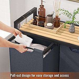 Homykic Pull-Out Laundry Hamper with Wheels and Bamboo Shelf, 2-Section 100L Laundry Organizer Sorter Cart with Removable Laundry Bags and 4 Hooks, Sturdy Metal Frame, Natural&Black