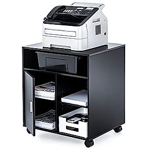 FITUEYES Printer Stand with Storage Adjustable Shelves, Wood Mobile Cart with Door, Rolling File Cabinet on Wheels for Home Office, Black, PS406001WB