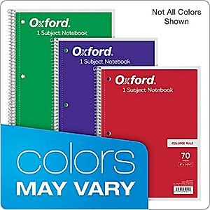 Oxford Spiral Notebooks, 1-Subject, College Ruled Paper, 70 Sheets, 24 per Pack, Colors May Vary (65021)