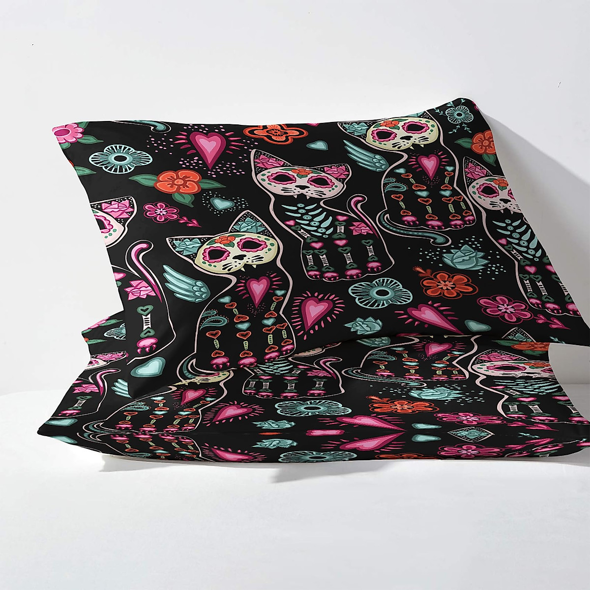 Day of The Dead Sheets Full Size, Cat Bed Sheets, Patterned Bedding Sheets & Pillowcases 4 Piece Set - Soft Microfiber Deep Pocket Fitted Sheet & Flat Sheet & 2 Pillow Cases L5-&-299