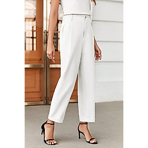 Febriajuce Women's High Elastic Waisted Dress Pants Button Down Pleated Work Pants Straight Leg Ankle Pants Office Trousers White