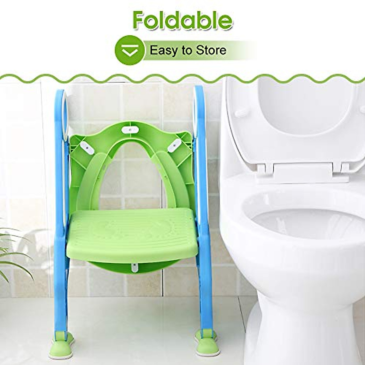 Potty Training Seat with Step Stool Ladder Baby Toddler Toilet Training Seat Chair with Soft Cushion for Kids Height Adjustable Safe Potty Seat for Girls Boys (Green)