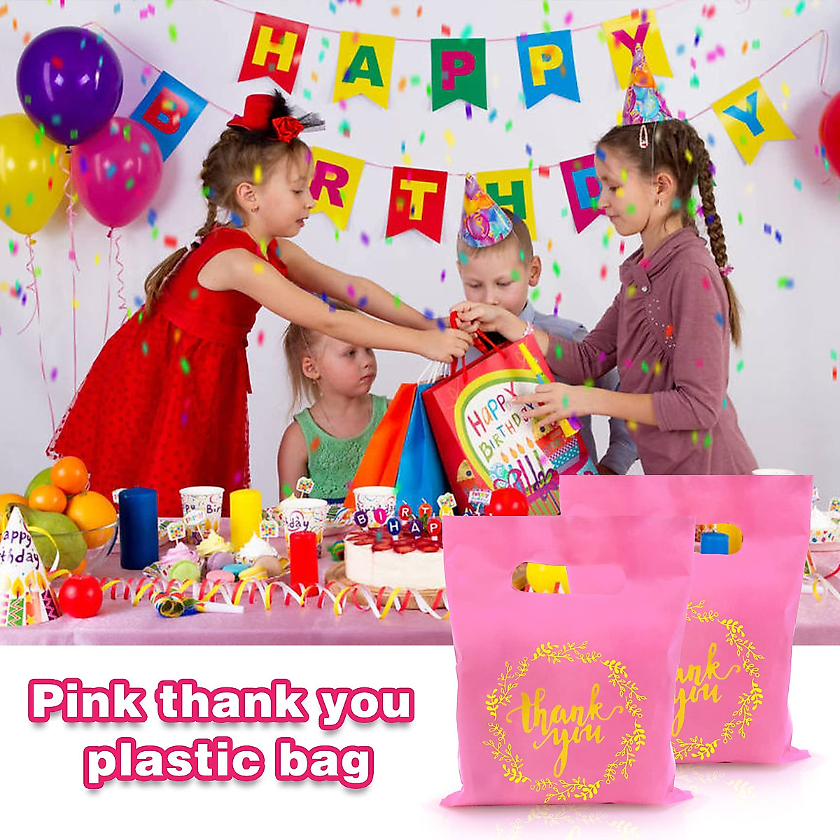 KDPATFAV 70 PCS 9" x 12" Plastic Merchandise Bags Shopping Bags with Thank You Logo Boutique Bags with Handles for Birthday Party Baby Shower Wedding Trade Shows and More (Pink)