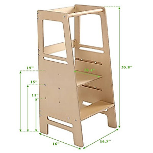 Height Adjustable Kitchen Step Stool for Kids and Toddlers with Safety Rail Children Learning Standing Tower for Kitchen Counter and Bathroom Sink Helper, Solid Wood