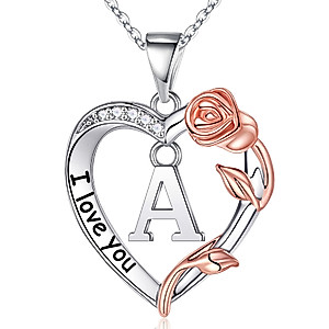 MONOZO Rose Heart Necklaces for Women Jewelry Gifts, Dainty Rose Love Letter Pendant Initial A Necklaces for Women Jewelry Mothers Day Anniversary Valentines Christmas Birthday Gifts for Women Trendy