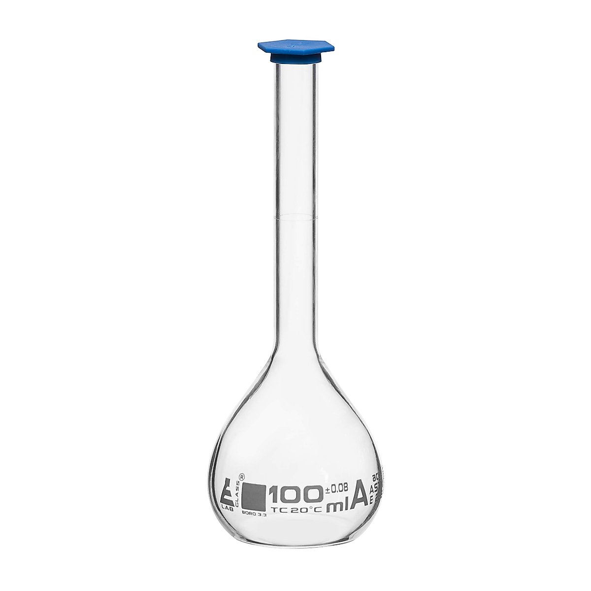 EISCO Volumetric Flask, 100ml - Class A, ASTM - Snap Cap - White Graduation Mark, Tolerance ±0.080ml - Borosilicate Glass