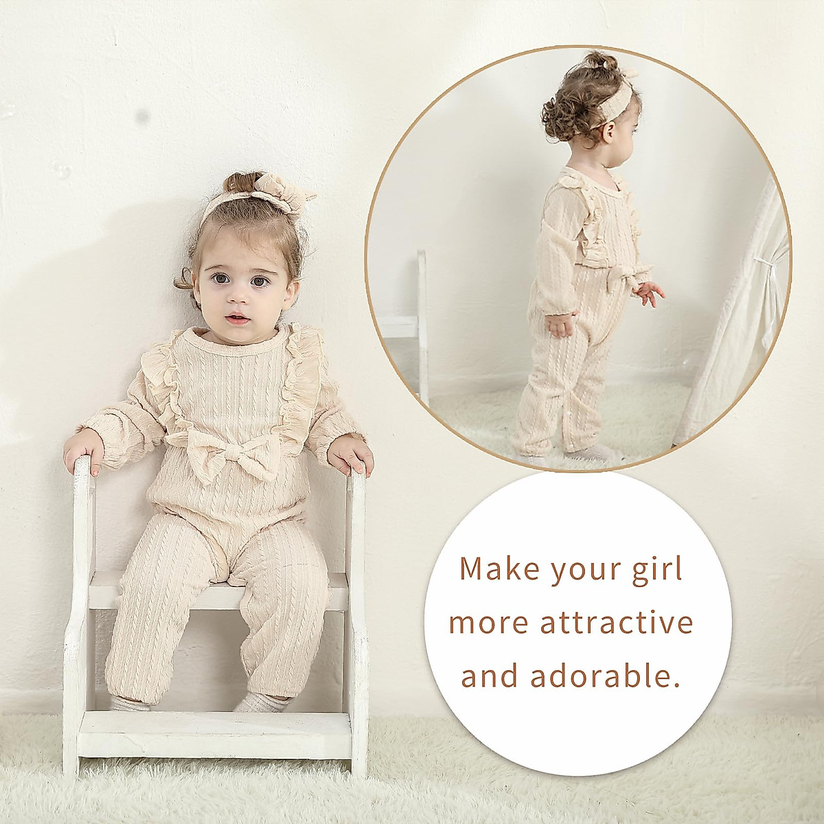 Happy Town Baby Girl Romper Infant Fall Winter Clothes Ruffle Sweater Long Sleeve Bodysuit Jumpsuit and Headband (Beige, 3-6 Months)