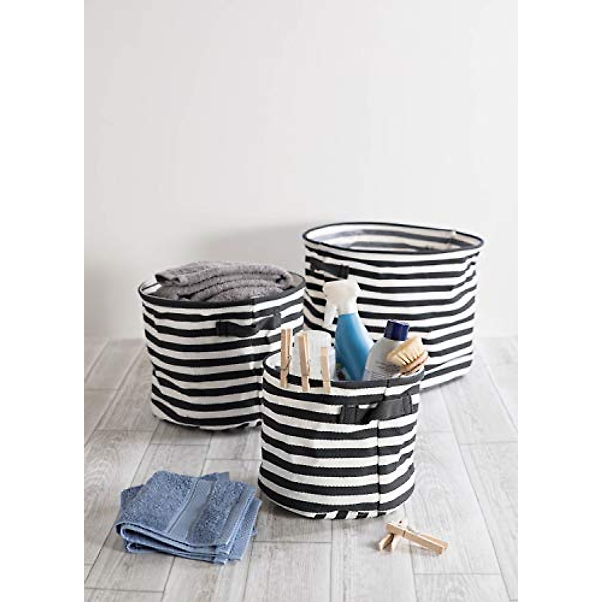 DII Laundry Storage Collection Cabana Stripe Collapsible and Waterproof Bins, Small Round, 9.5x8, Black, 2 Piece