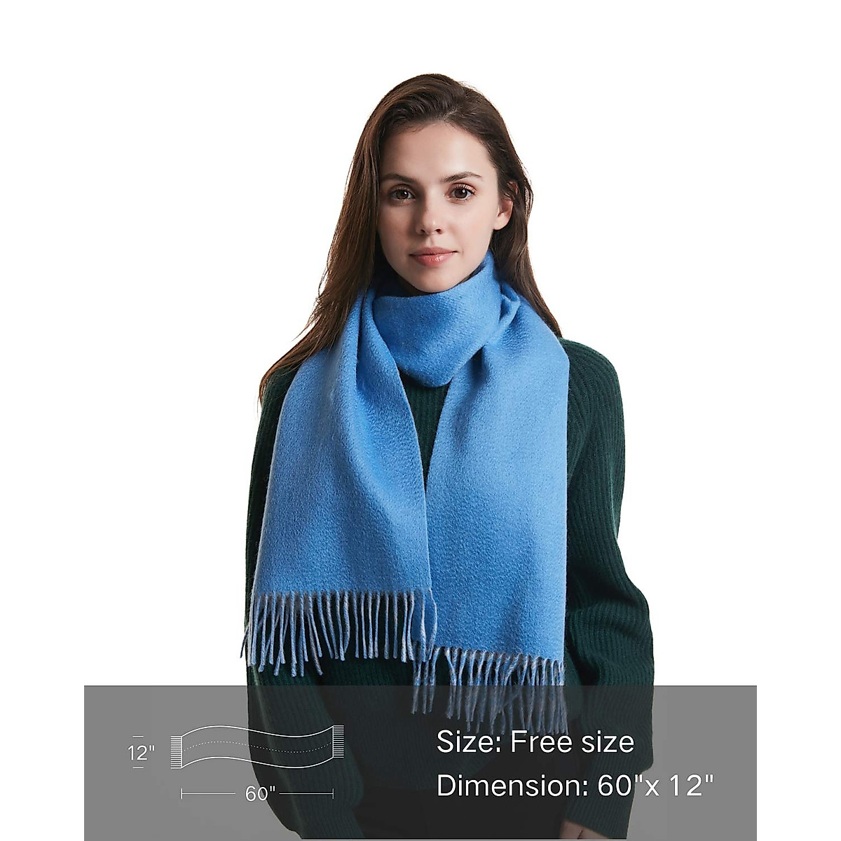 EURKEA 100% Cashmere 2024 Winter Scarf for Women, Fringed Edges, Warm & Soft, Lightweight, Gift Ready, Solid/Plaid/Two-Tone, Blue_Solid, Free Size