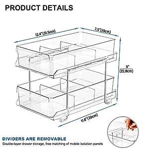 2 Set 2 Tier Clear Organizers and Storage with Dividers, Pull Out Under Sink Organizer, Multi-Purpose Drawer Basket, Kitchen Bathroom Countertop Vanity Pantry, Medicine Cabinet Storage Bins