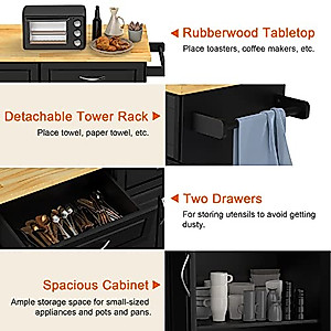 Codesfir Kitchen Island Cart with Storage Cabinet, Kitchen Island on Wheels with Drawer and Towel Rack, Rubber Wood Top, L48xW18xH36 Inches, Black