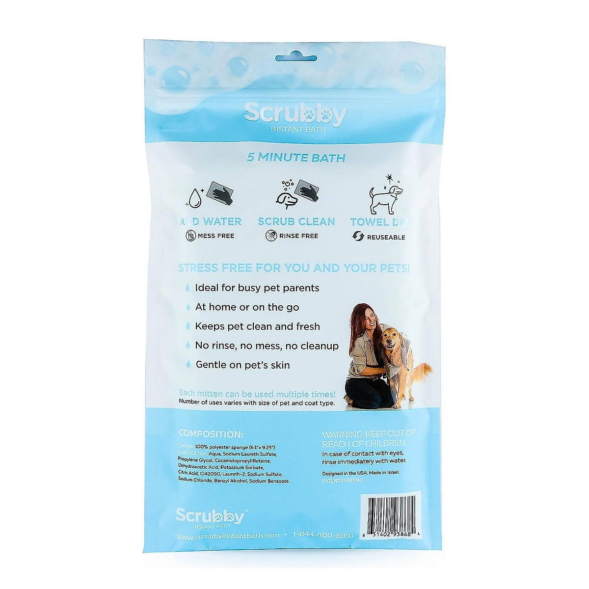 Scrubby Pet No Rinse Pet Wipes, Rinse Free Shampoo Mittens for Dogs and Cats, Bath Wipes for Bathing and Washing Pets, Hypoallergenic No Rinse Wash Mitt for Grooming, Lather Wipe Dry - 5 Pack