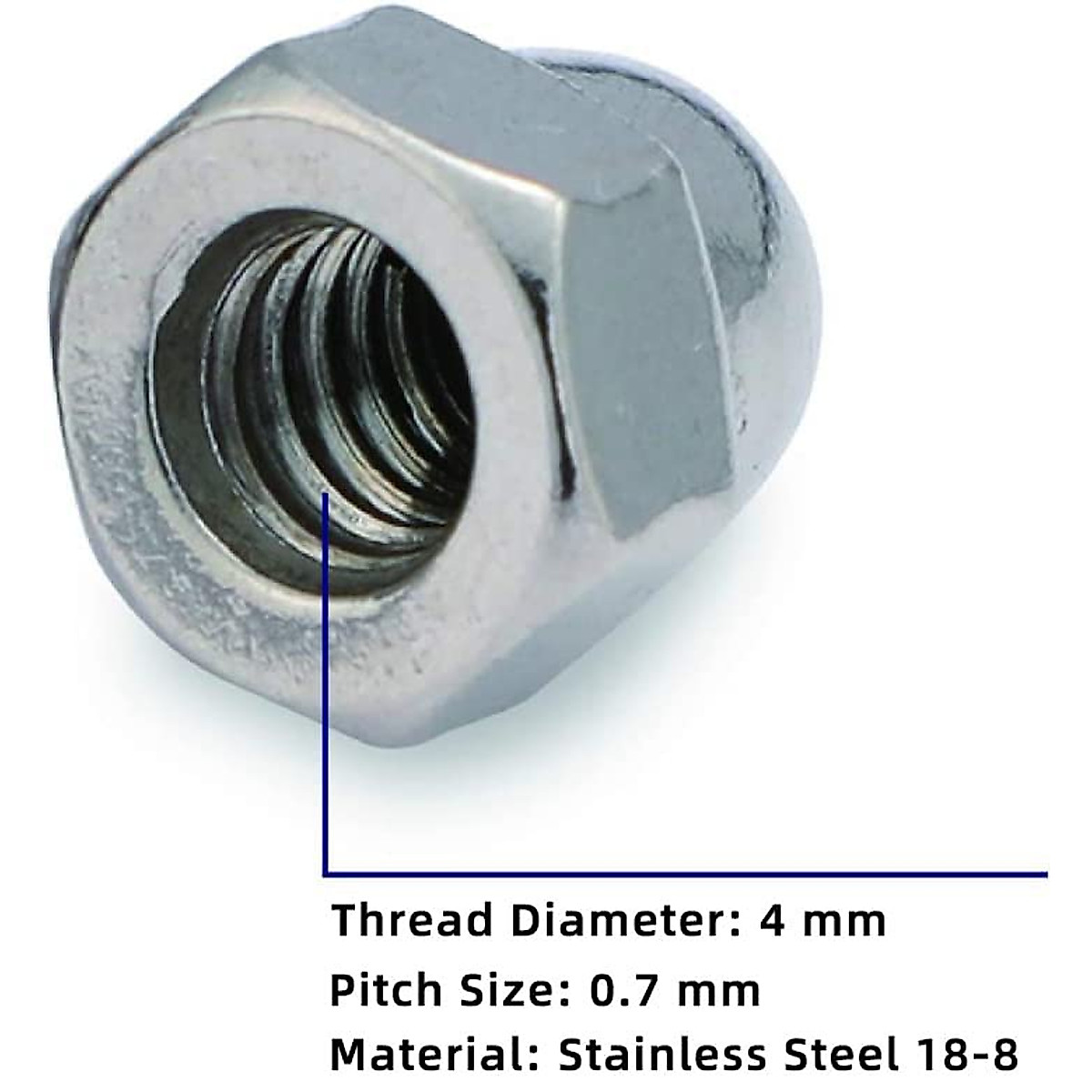 M4-0.7 Metric Acorn Cap Nuts Dome Head Nuts, 304 Stainless Steel 18-8, Plain Finish, 50 PCS