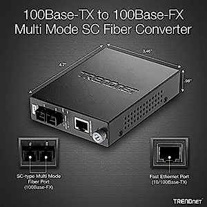 TRENDnet 100Base-TX to 100Base-FX Multi Mode SC Fiber Media Converter (2 Km, 1.2 Miles), Fiber to Ethernet Converter, RJ-45 Port, Fiber Port, Wall Mountable, Lifetime Protection, Black, TFC-110MSC