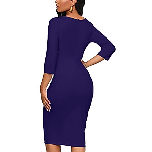 Purple Dress Women Summer Party 3/4 Sleeve Ruffle Peplum Work Midi Pencil Dress(Purple Large)