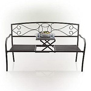 Alpine Corporation Alpine Metal Garden Outdoor Bench with Retractable Table VTFAM114, Black