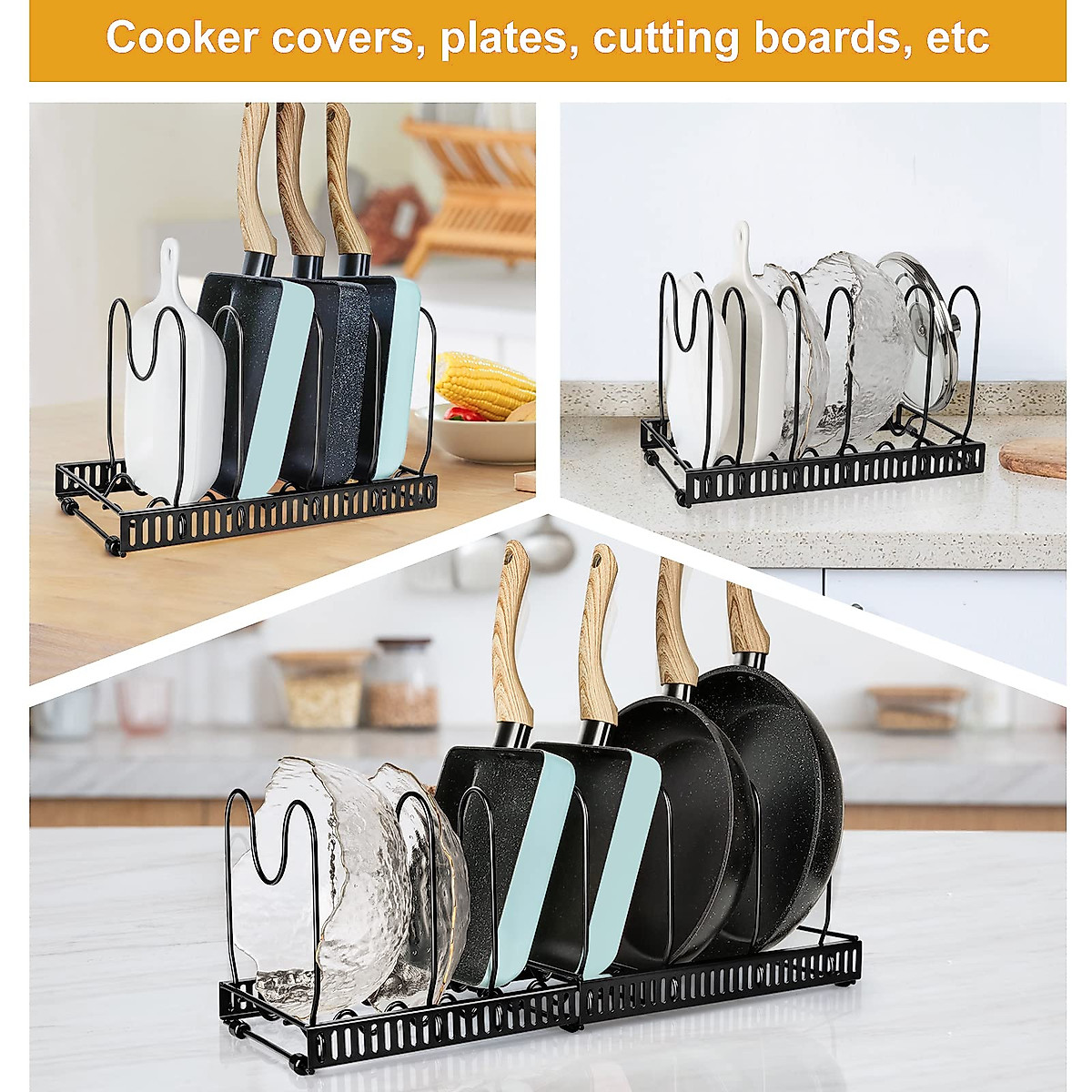 Expandable Pots and Pans Organizer Rack for Cabinet【Updated】10 Dividers, Adjustable Pot Pan Lid Holder, Multi-Functional Frying Pan Drying Rack, Cutting Board Holder Rack(Black)
