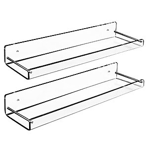 AMT 2 Pack Acrylic Floating Shelves, 15" L x 3.25" W, Clear Bathroom Wall Shelf, Bookshelves, Invisible Display for Office, Bedroom, Small Gap Allows Water to Escape, Free Screws & Drill Bit (Medium)