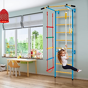 Costzon 5 in 1 Climbing Toys for Toddlers, Indoor Kids Gym for Exercise, Steel Ladder Wall Set with Wall Ladder, Pull-up Bar, Climbing Rope and Gymnastic Rings, Climber Ladder Toys Boys Girls Gift