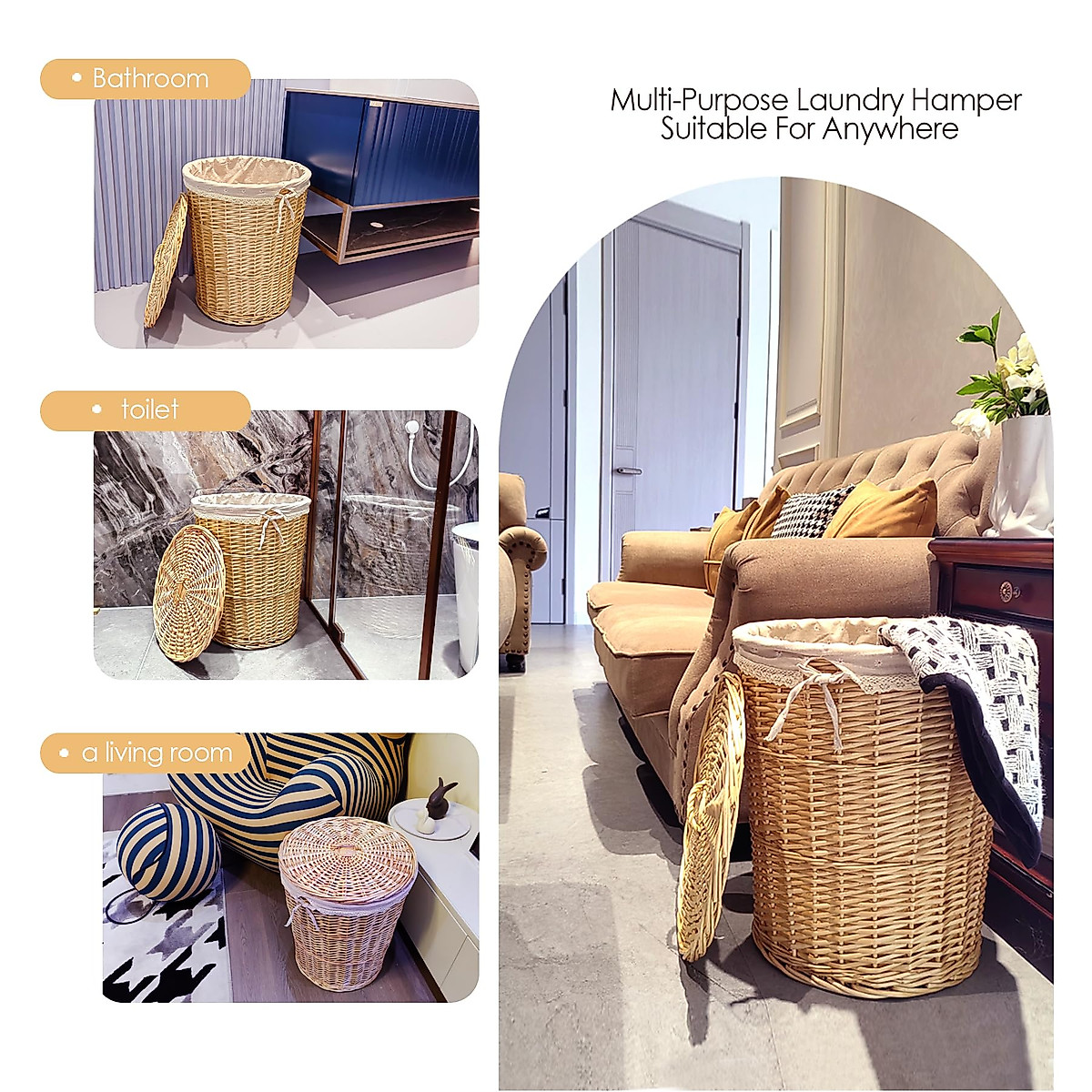 Winsterch Handwoven Laundry Hamper,Wicker Laundry Basket with Lid and Handles,Dirty Clothes Hamper Laundry Basket with Removable Liner Bag,Laundry Basket (Round)