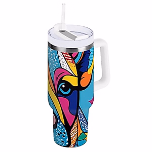 Dog Head Abstract Tumbler with Handle and Straw 30-40 Lid Cup Holder Compatible for Travel Insulated Stainless Steel Cup Food Grade PP Gifts for Him Her BPA-free