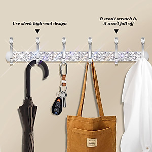 GUFONKOD Bling Coat Rack Wall Mount, Sparkle Silver Gem Diamond Wall Mounted Suitable for Key Hat Towel Purse Robes, Glitter Hooks Decorative Rack for for Entryway, Bedroom, Bathroom (6 Hooks)