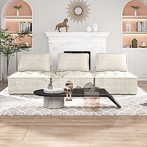 Mjkone Modular Sofa 3PCS Free Combination Armless Floor Sofa Chair Comfy Floor Couch with Removable Back Cushion Variable Sectional Sofa Couches for Living Room Apartment Office Small Space, Beige