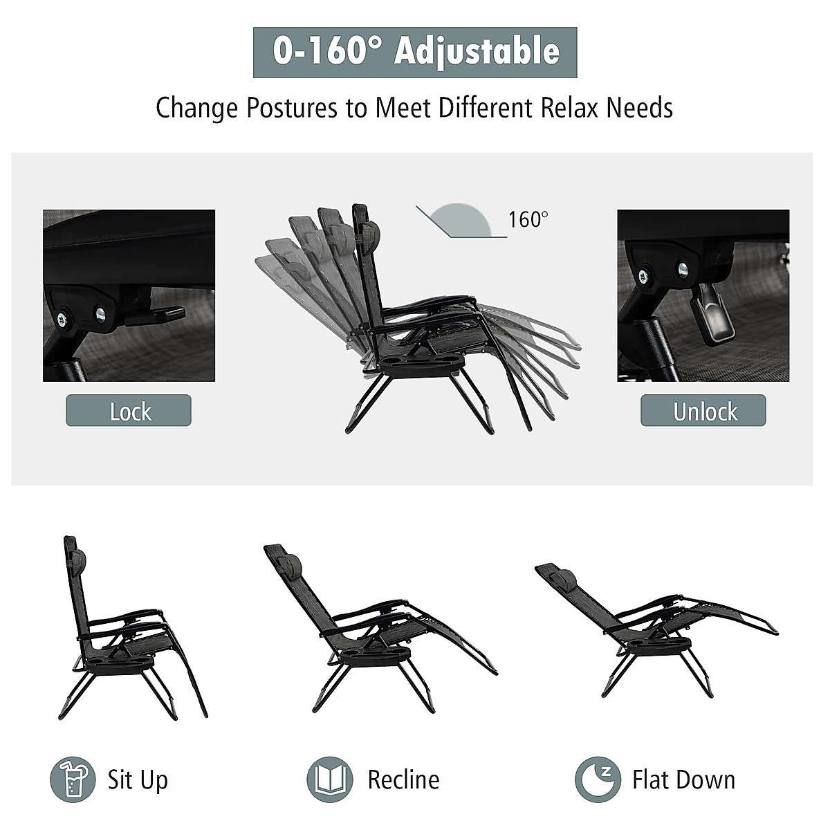 Tangkula Zero Gravity Chair, Folding Patio Lounge Chair Adjustable Outdoor Recliner with Cup Holder, Wide Armrest for Patio Garden Poolside Outdoor Yard Beach, Support 350 lbs (1, Grey)