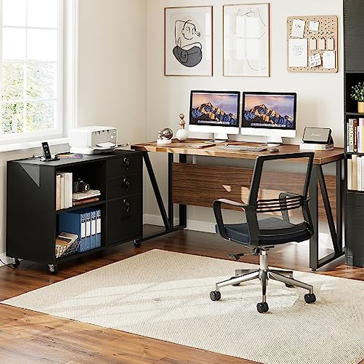 YITAHOME 55" Executive Desk and Lateral File Cabinet, 3 Drawers File Cabinet with Charging Station, L Shaped Desk Computer Desk Home Office Furniture Sets with Drawers & Storage Shelves, Walnut+Black