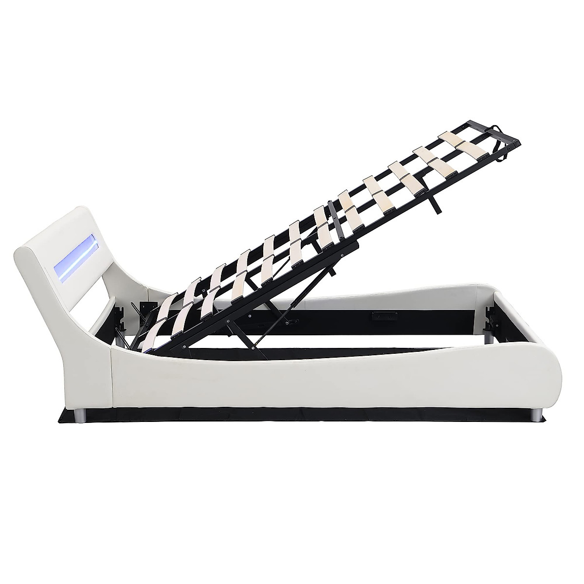 Low Profile Upholstered Platform Bed with LED Lights Headboard, Hydraulic Lifting Under Bed Storage, Modern Curved PU upholstered Low Profile Platform Bed Frame for Kids Teens Adults (White, Full)