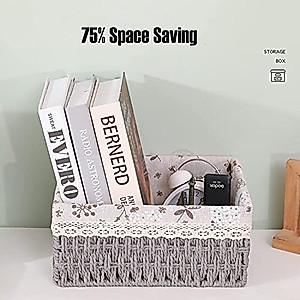 Storage Baskets for Shelves, Rectangular Organizing Woven Baskets Set with Removable Liners | Natural Seagrass, Decorative Home Storage Bin (Set of 3, Grey)