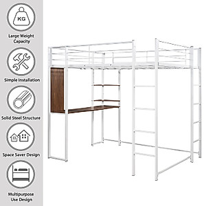 Full Size Metal Loft Bed with Shelves and one Desk, Multifunctional Loft Bed Frame for Teens/Adults (White, Full)