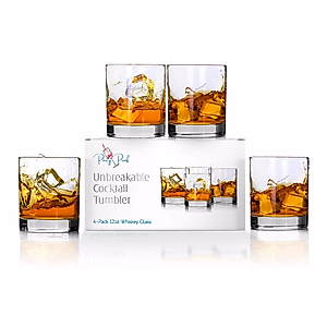 PartyProof Unbreakable Cocktail Tumbler Drinking Glasses 12oz Whiskey or Scotch Glass Reusable Tritan Shatterproof Plastic, Set of 4, Dishwasher Safe, Outdoors Drinkware Camping Cups