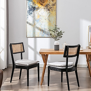 ZHENGHAO Rattan Dining Chairs Set of 2, French Country Cane Back Kitchen Chairs Upholstered Retro Comfy Chairs with Wood Legs for Dining Room, Black