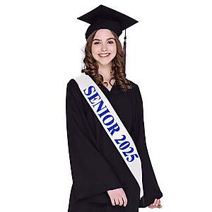 White Senior 2025 Satin Sash with Blue Glitter Letters- 2025 Graduation Sash - Finally Graduated - Senior Cheer Sash - Cheerleader Sash - Competition Sash