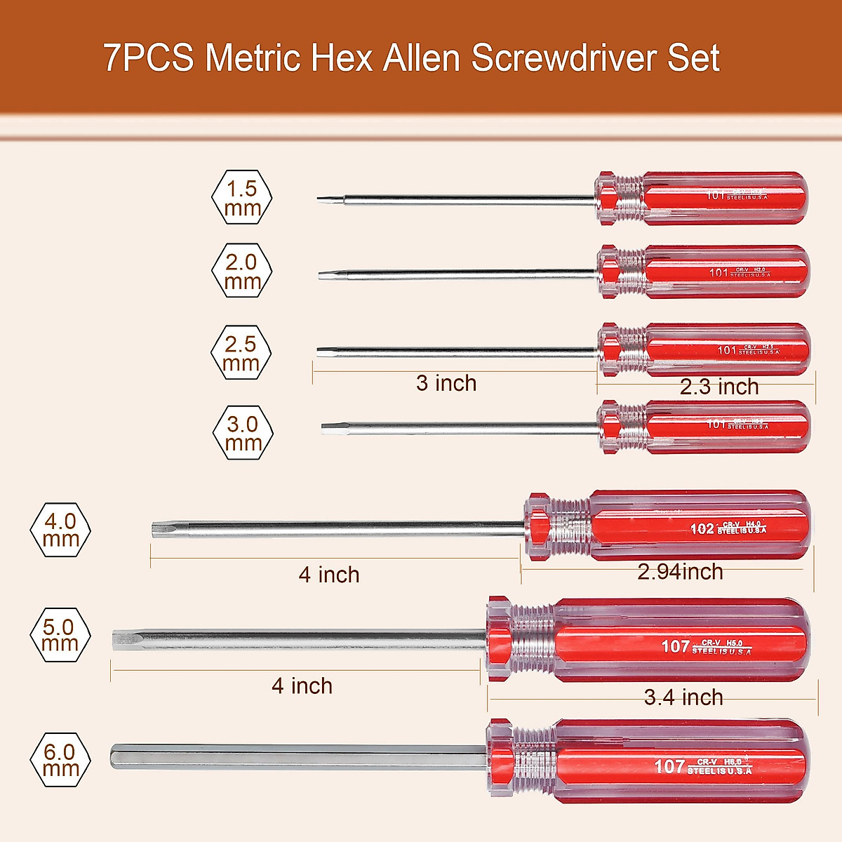 Hex Screwdriver Set Metric MM Sizes 7PCS Precision 1.5mm 2.0mm 2.5mm 3.0mm 4.0mm 5.0mm 6.0mm Allen Wrench for TRX4 Arrma Helicopter Drone Boat RC Cars Quadcopters and More (7)