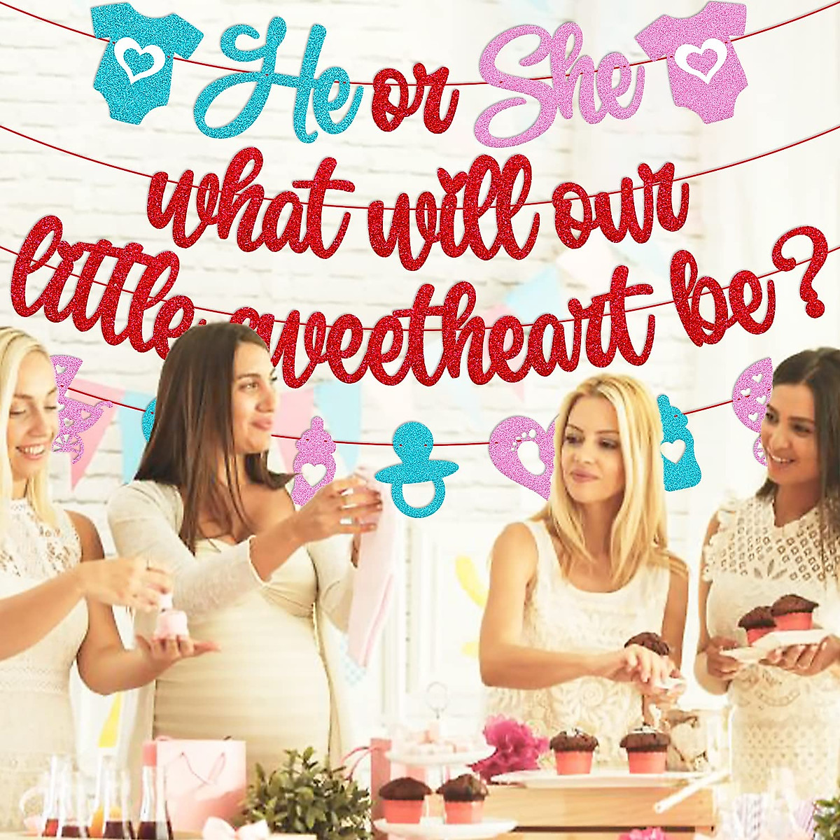 He or She What Will Our Little Sweetheart Be Banner Happy Valentine's Day Gender Reveal Boy or Girl He or She Heart Love Romantic celebration Decorations Baby Shower Party Supplies