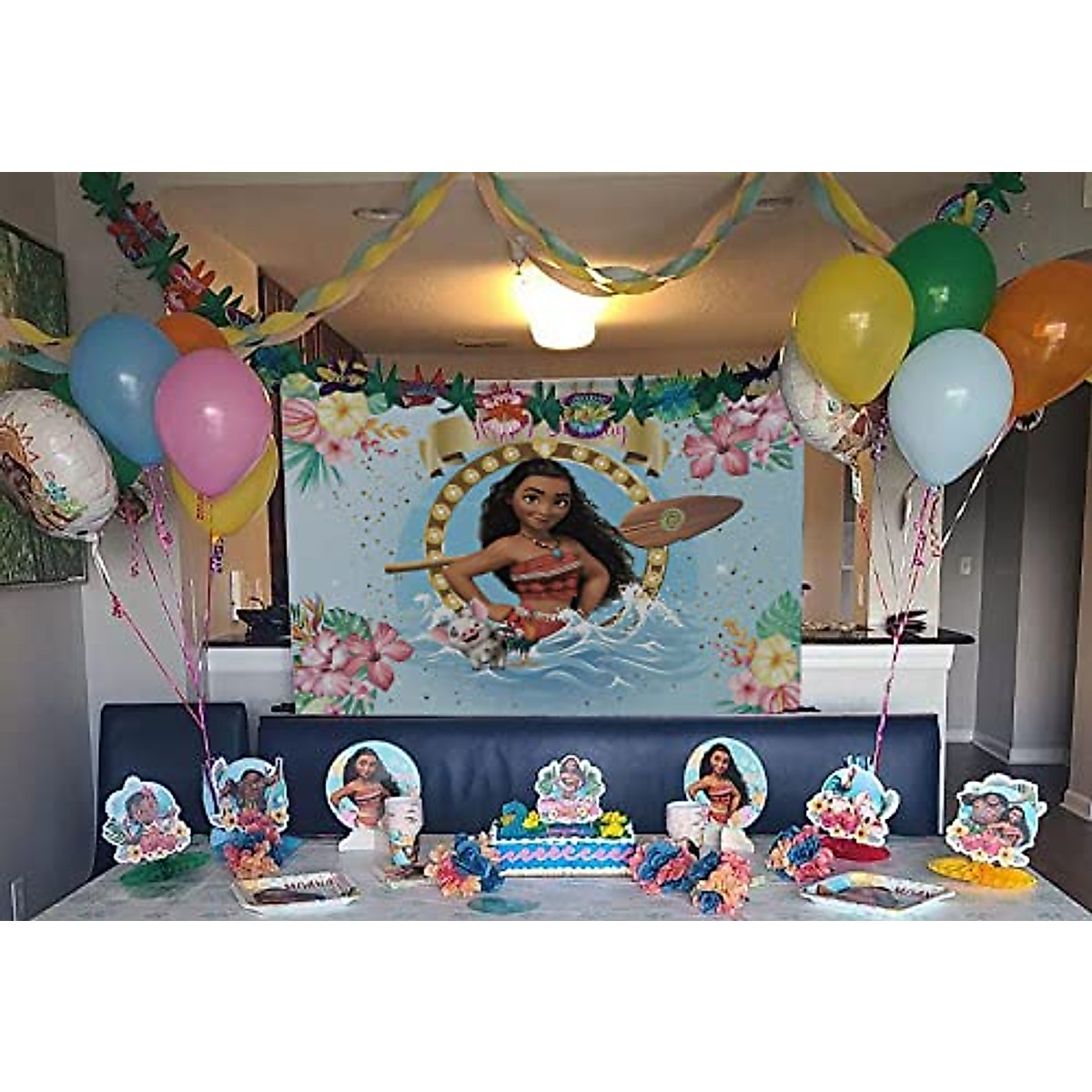 Summer Beach Baby Moana Theme Backdrops Pink Flowers Blue Water Girls 1St Birthday Party Background Baby Shower Moana Cake Table Decoration Banner Photo Studio Props (5x3ft)